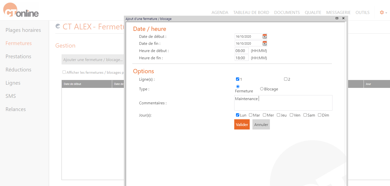 CTonline Planning: ajouter une fermeture – ProTechnologies